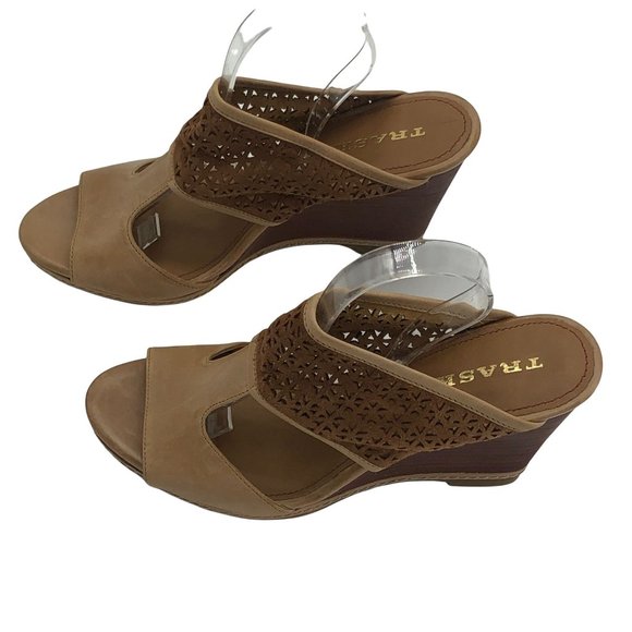 Trask | Shoes | Trask Payton Wedge Stacked Heels Brown Leather Laser ...